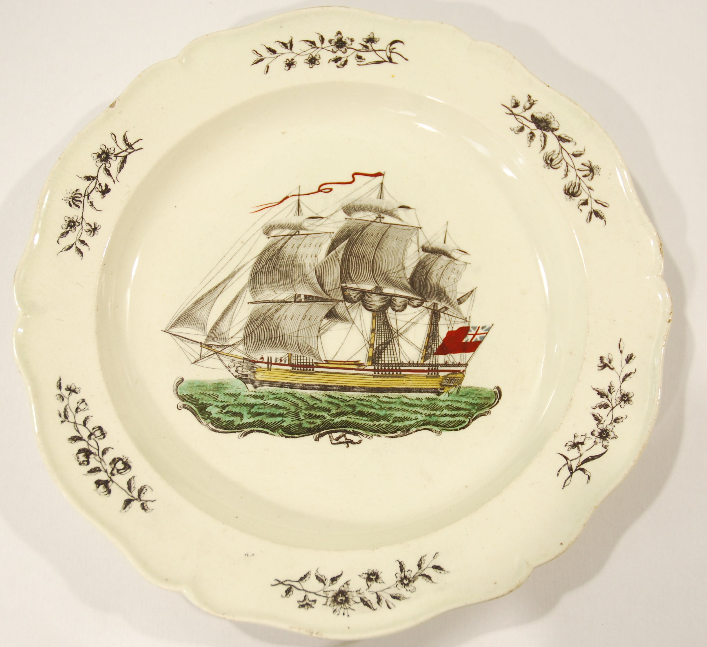 Plate. Enamelled print of ship – Etruria Antiques Gallery